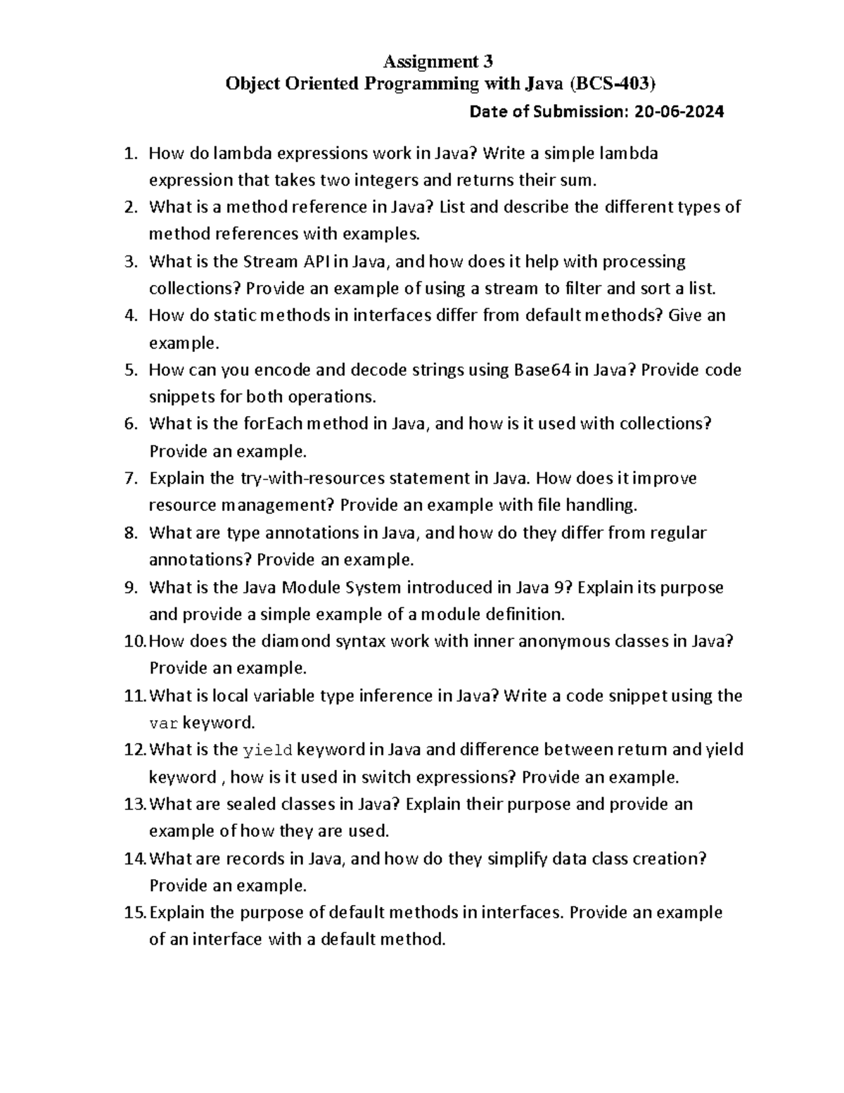 Assignment 3 OOPJ(BCS403) - Assignment 3 Object Oriented Programming with Java (BCS-403) Date of ...