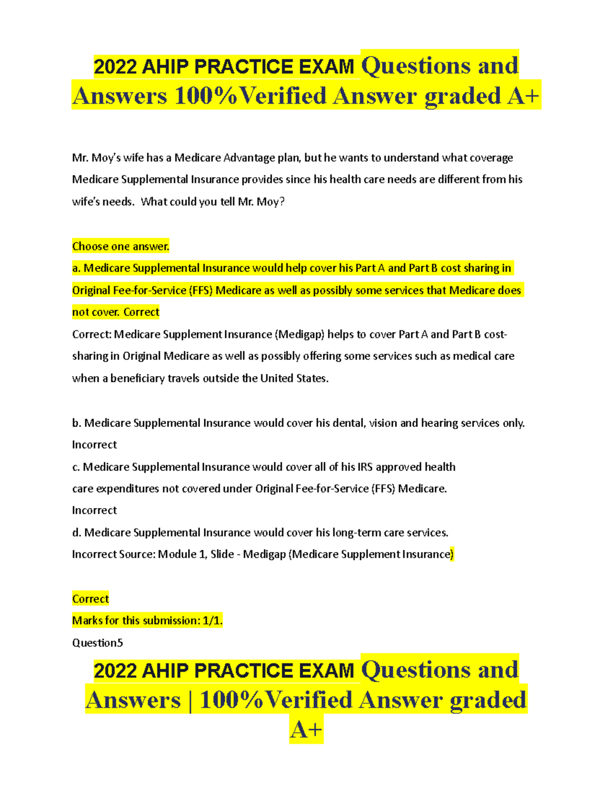 AHIP 2021 Answers - Answers 100%Verified Answer graded A+ Mr. Moy's ...