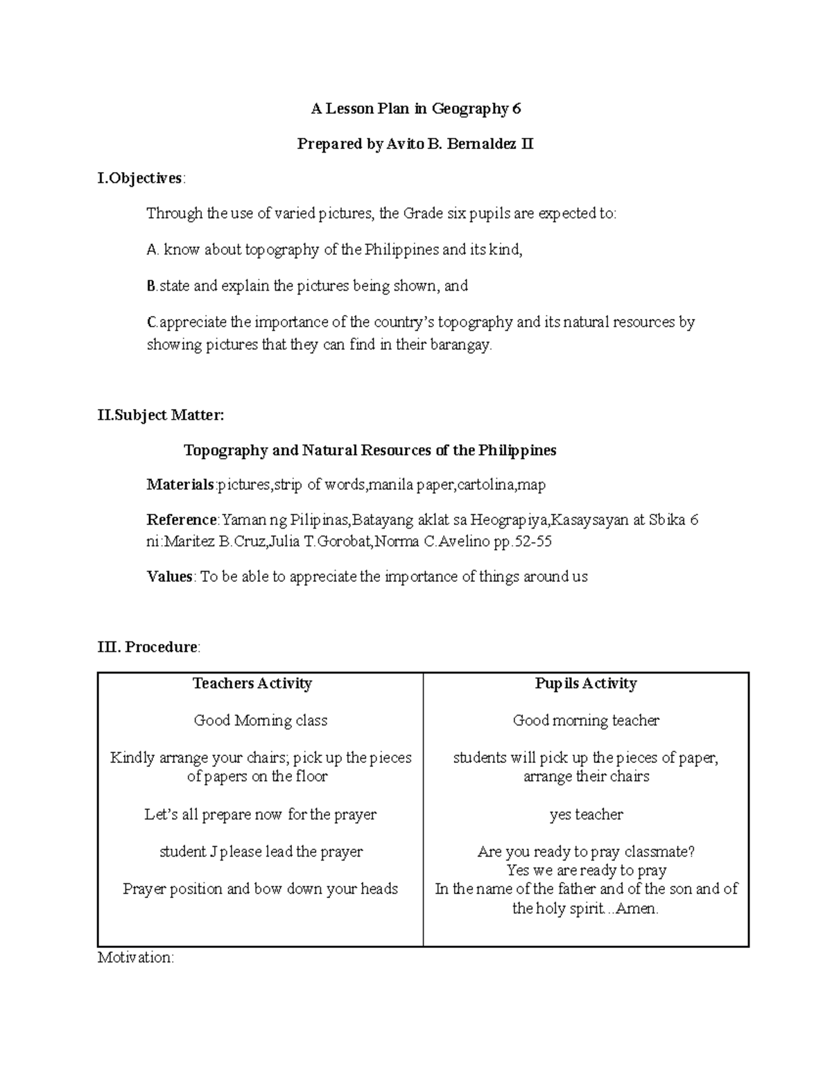 A Lesson Plan in Geography by Avito B. Bernaldez II - A Lesson Plan in ...