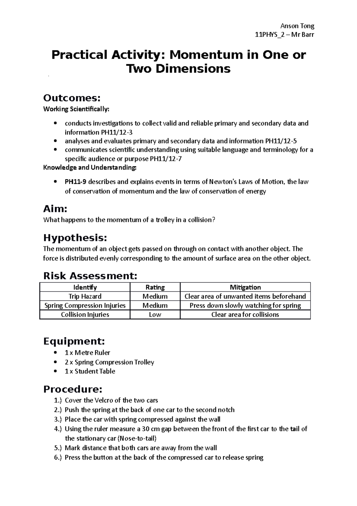 Momentum Prac - 11PHYS_2 – Mr Barr Practical Activity: Momentum in One ...