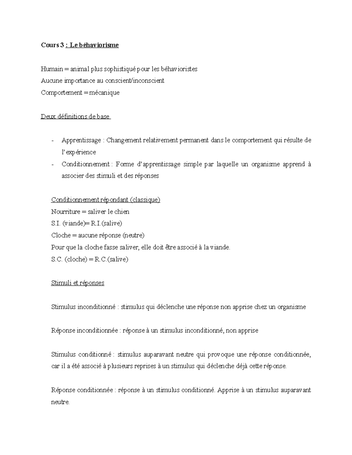 Cours 3 et 4 - L'approche béhavioriste - Cours 3 : Le béhaviorisme ...