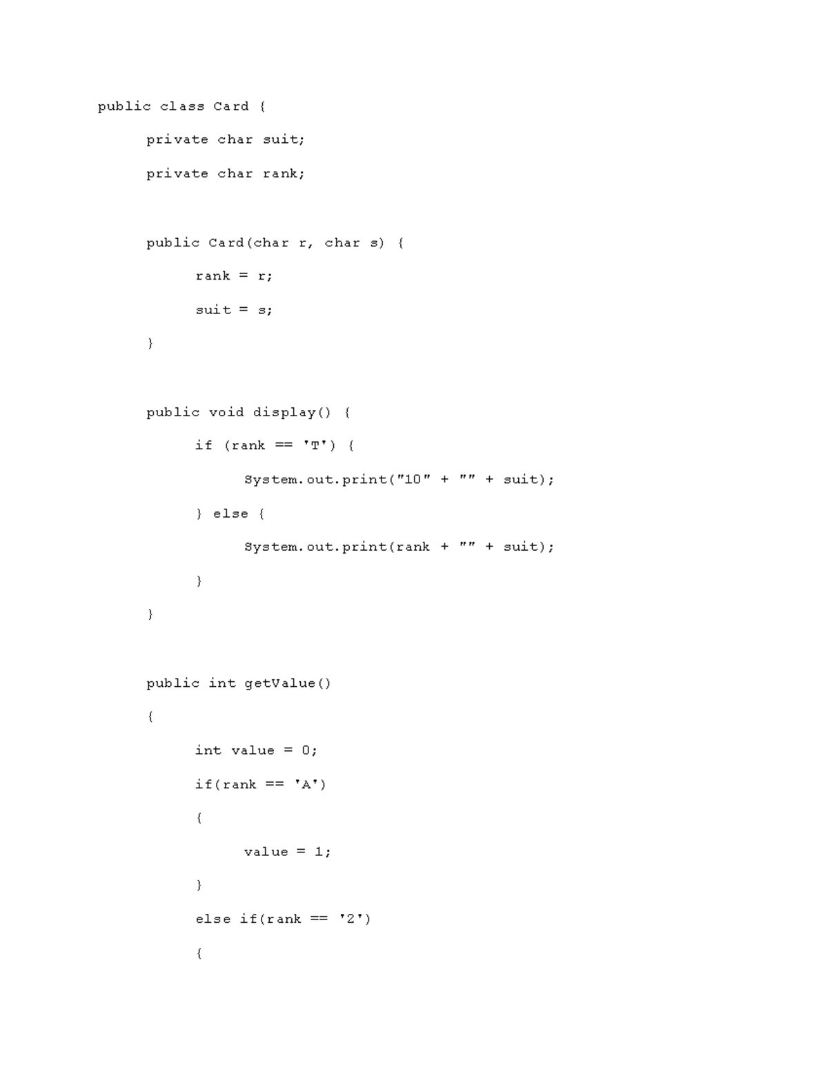 Java- Card Class - public class Card { private char suit; private char ...