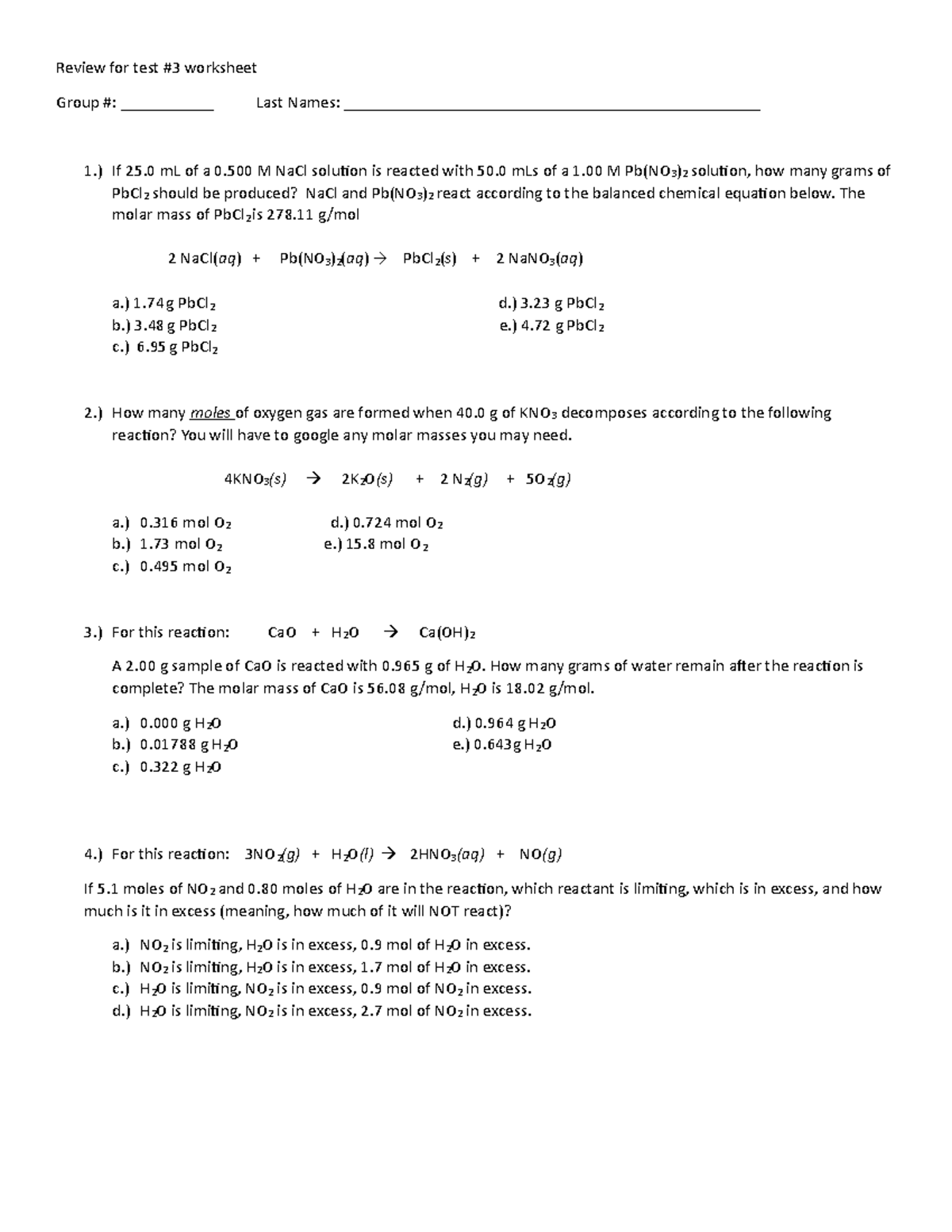 CHE+109+test+%233+review - Review for test #3 worksheet Group ...