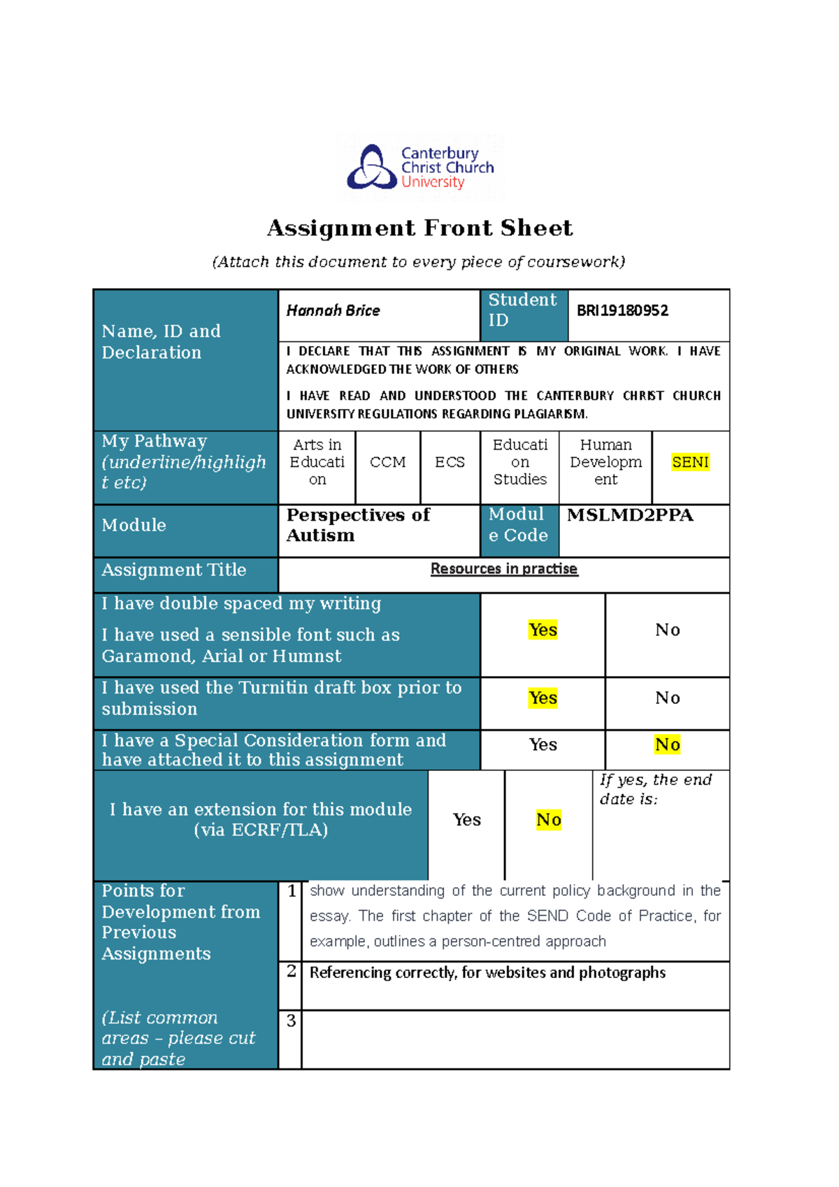 Autism part 2 - Assignment Front Sheet (Attach this document to every ...