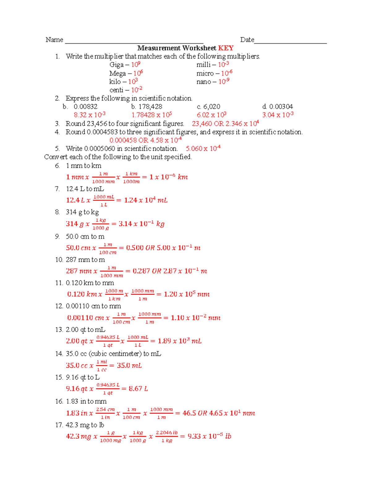 Units&conversions wrksht KEY - Name ...