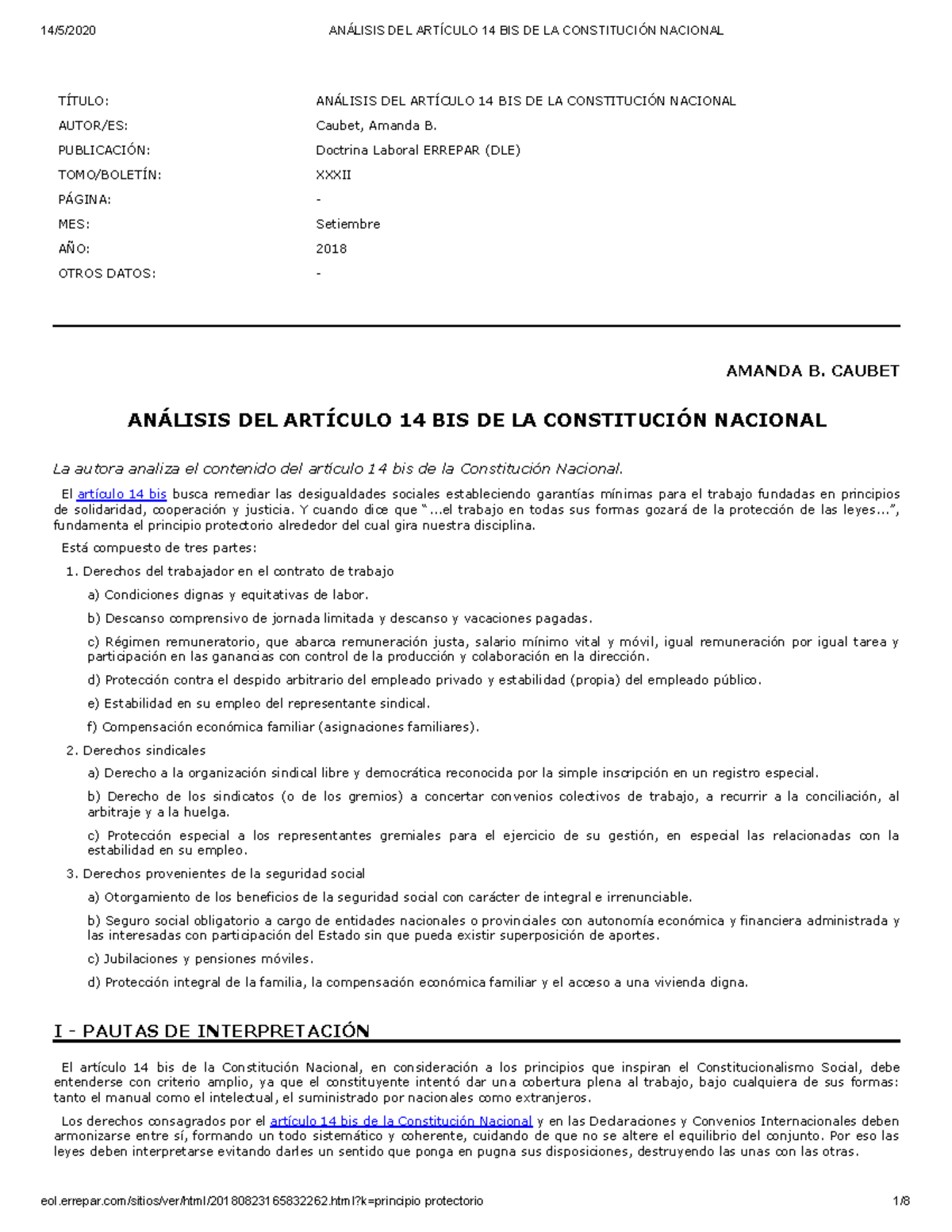 Art. 14 bis análisis - TÍTULO: ANÁLISIS DEL ARTÍCULO 14 BIS DE LA ...