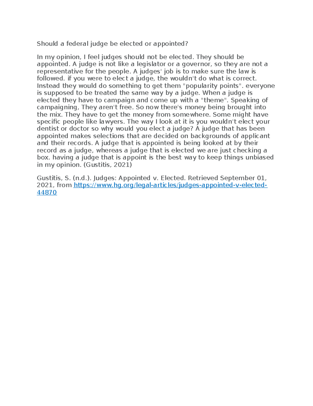 Jus 261 discussion 1 - Should a federal judge be elected or appointed ...