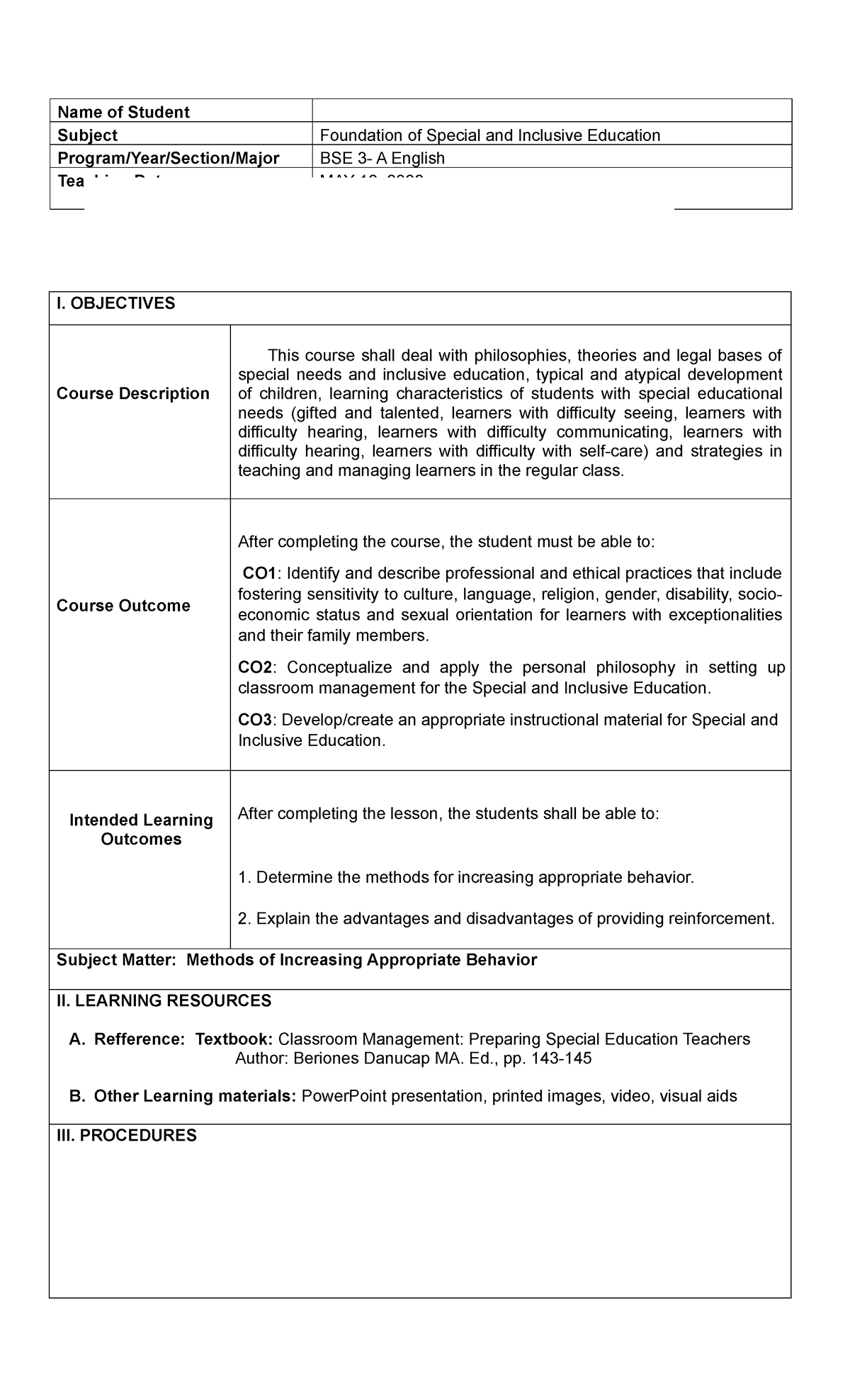 Lesson Plan in English About Reinforcement - Name of Student Subject ...