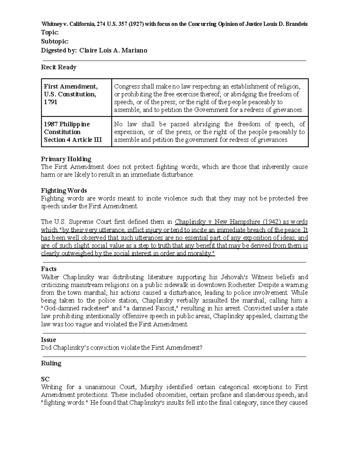 Chaplinsky-v.-State-of-New-Hampshire-315-U - Whitney v. California, 274 ...