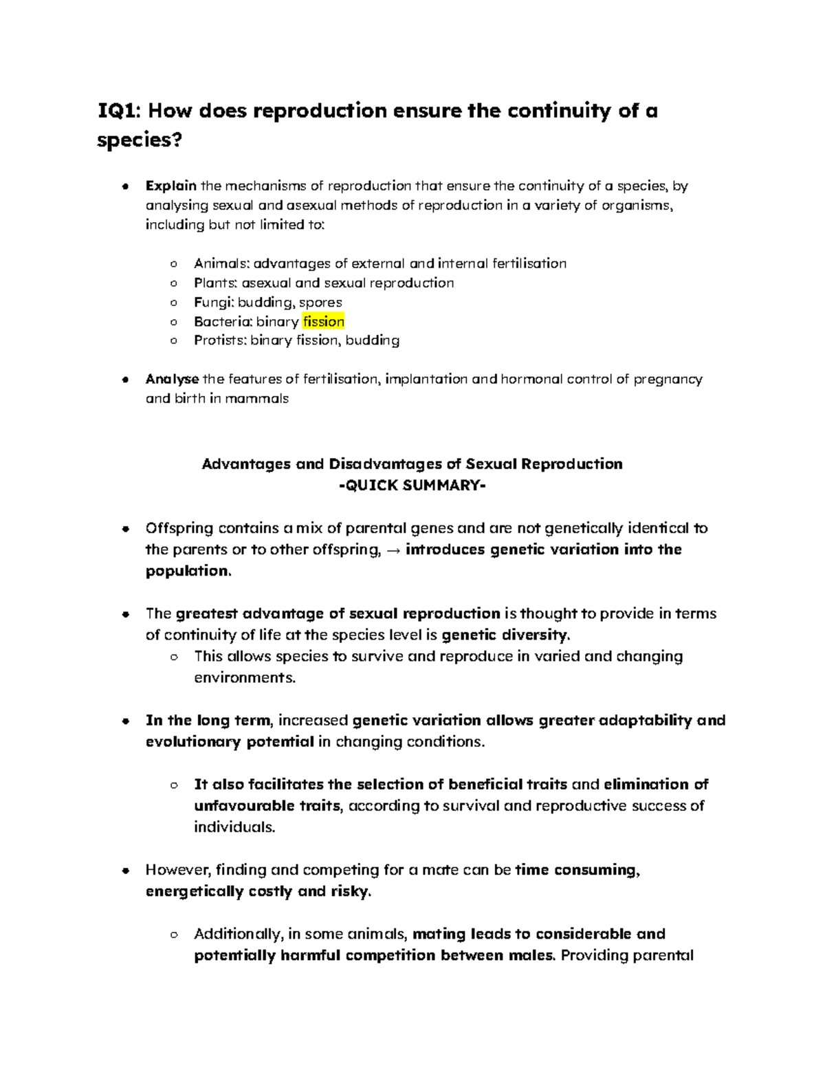 Copy of HSC Biology notes - IQ1: How does reproduction ensure the ...