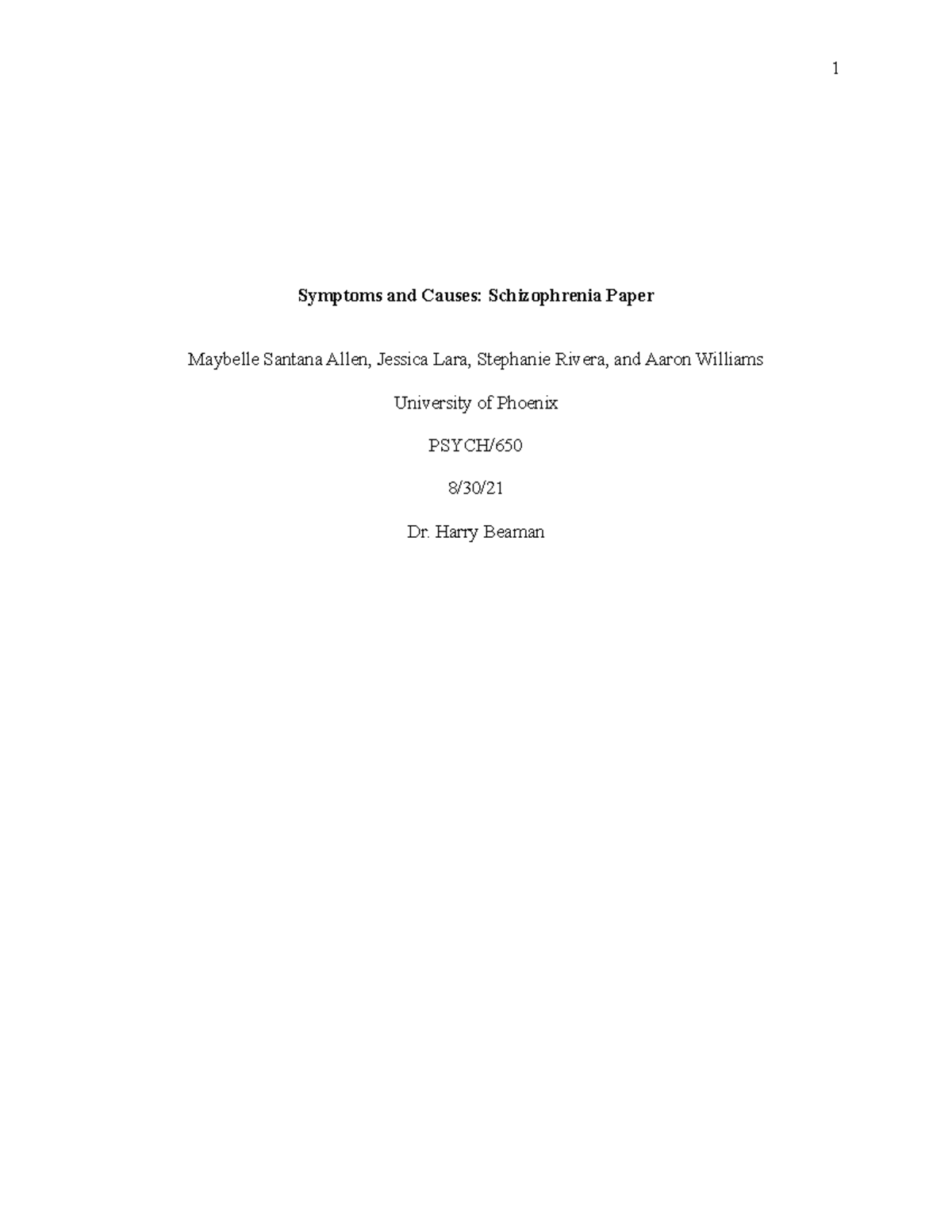 Team Paper Schizophrenia draft final - Symptoms and Causes ...