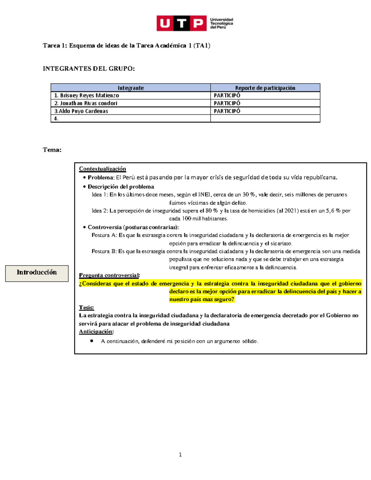 Tarea 1. Formato Esquema TA1 desarrollo - 1 Tarea 1: Esquema de ideas de la Tarea Académica 1 ...