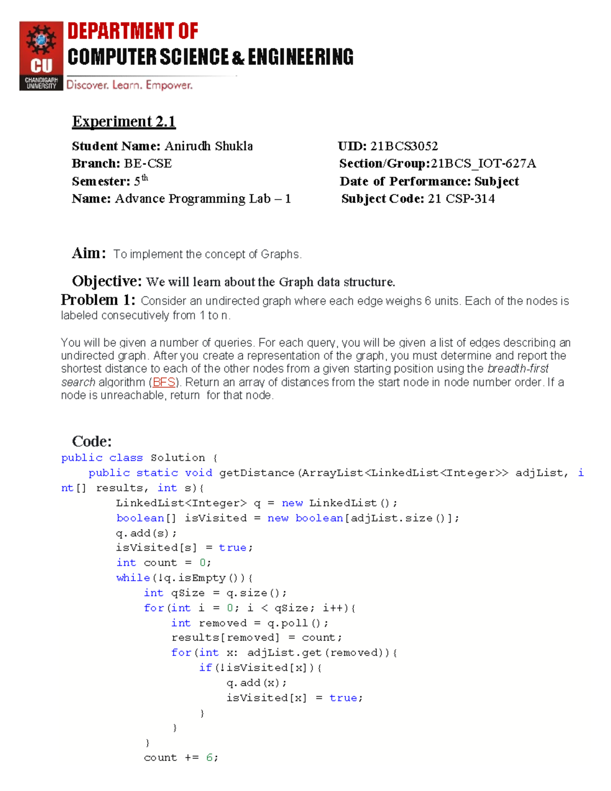 Ap 2.1 anirudh - vsgdgdgfadfd - COMPUTER SCIENCE & ENGINEERING Experiment 2. Student Name: - Studocu