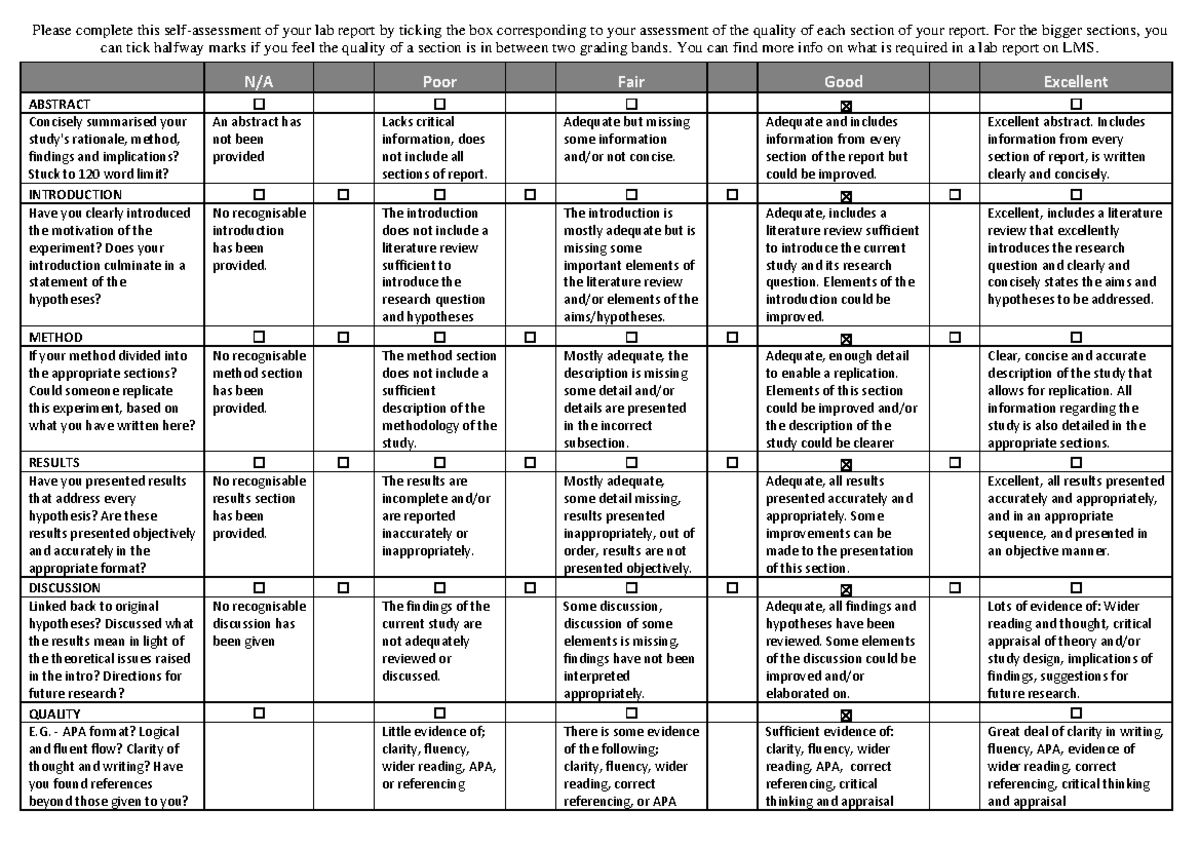 Example of Lab Report - Please complete this self-assessment of your ...