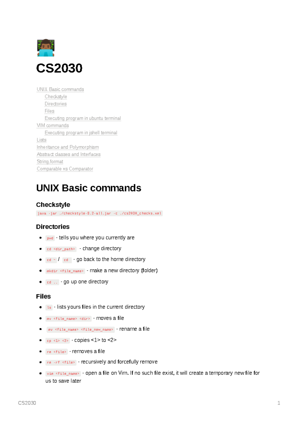 Cs2030 Personal Cheatsheet 1 Cs Unix Basic Commands Checkstyle Java