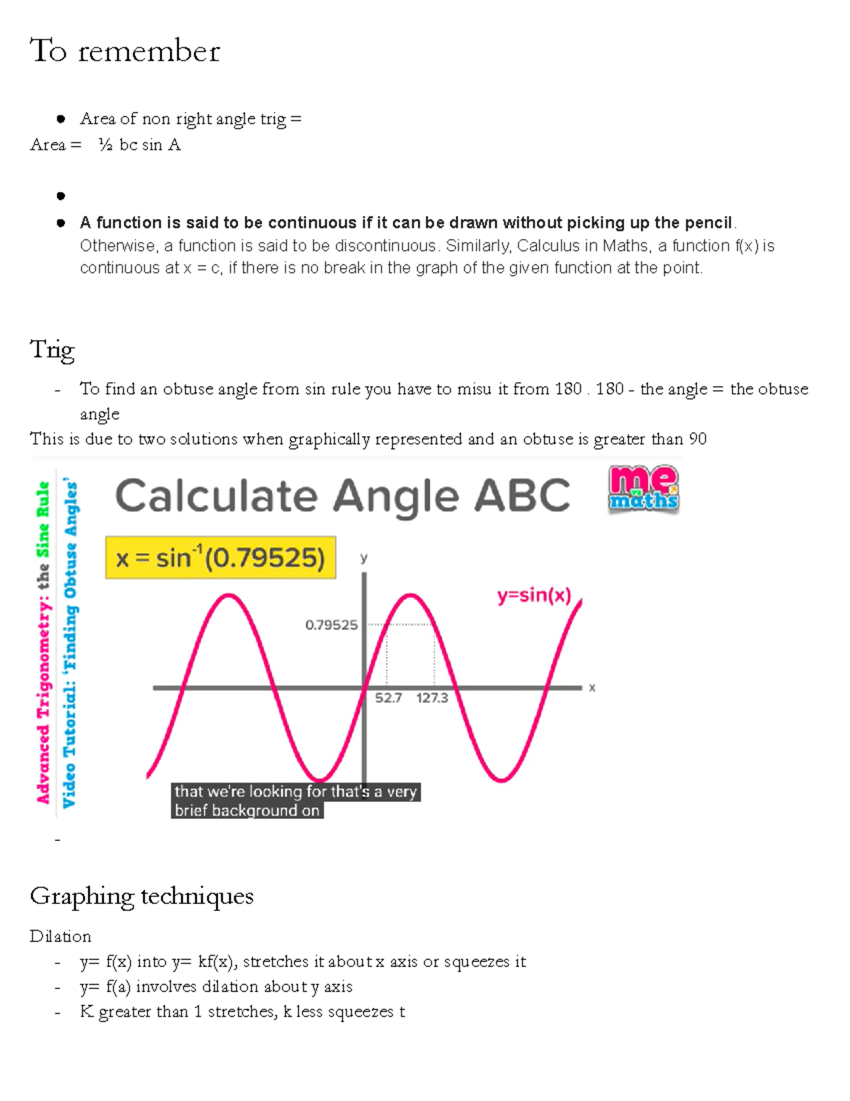Maths HSC notes - To remember Area of non right angle trig = Area = ½ ...