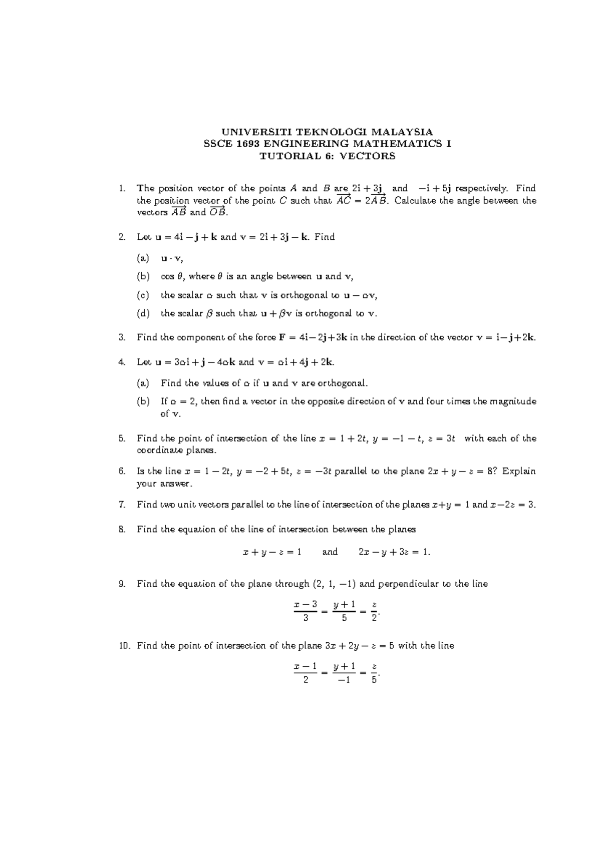 tutorial 5 vector (Engineering Mathematics) - UNIVERSITI TEKNOLOGI MALAYSIA SSCE 1693 ...