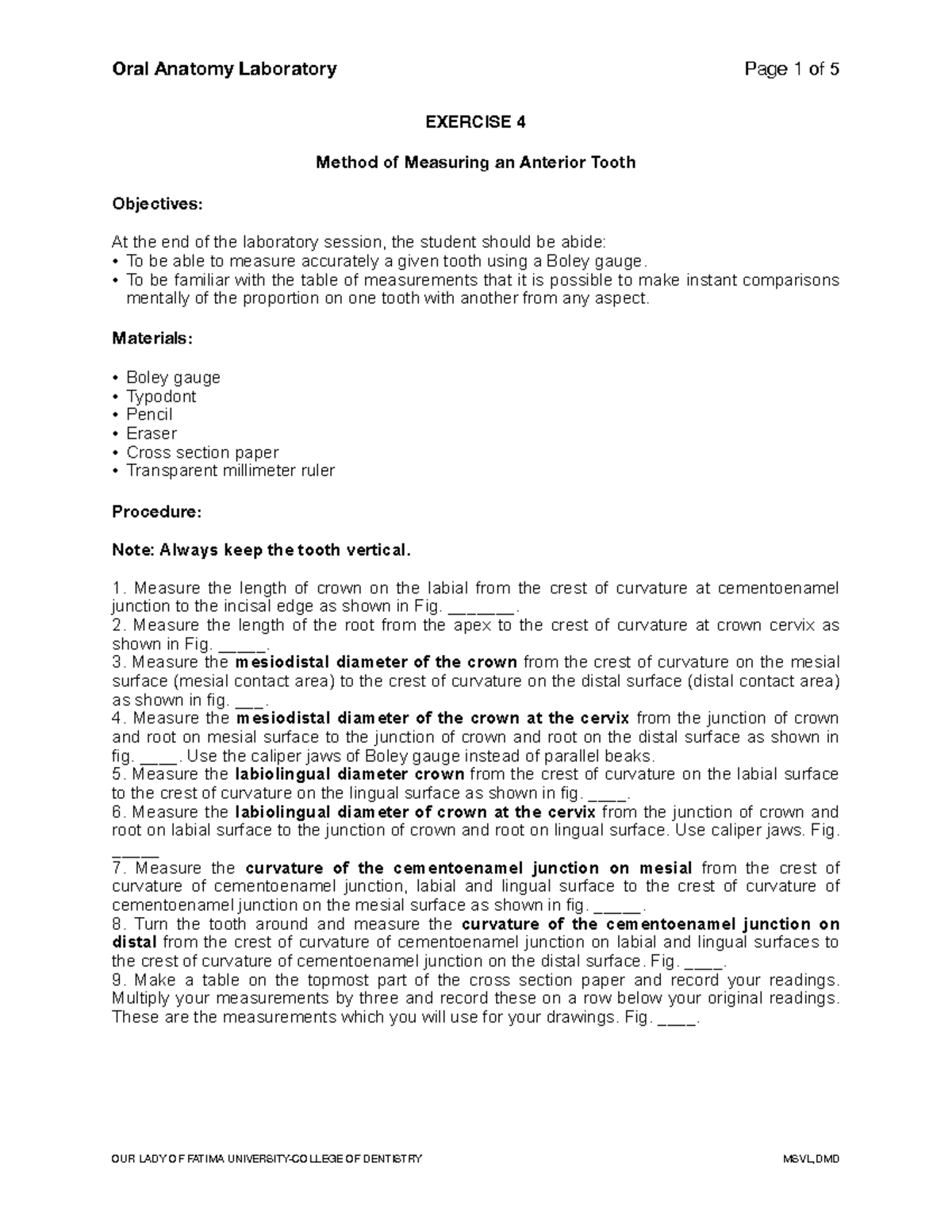 Print me - Exercise - EXERCISE 4 Method of Measuring an Anterior Tooth ...