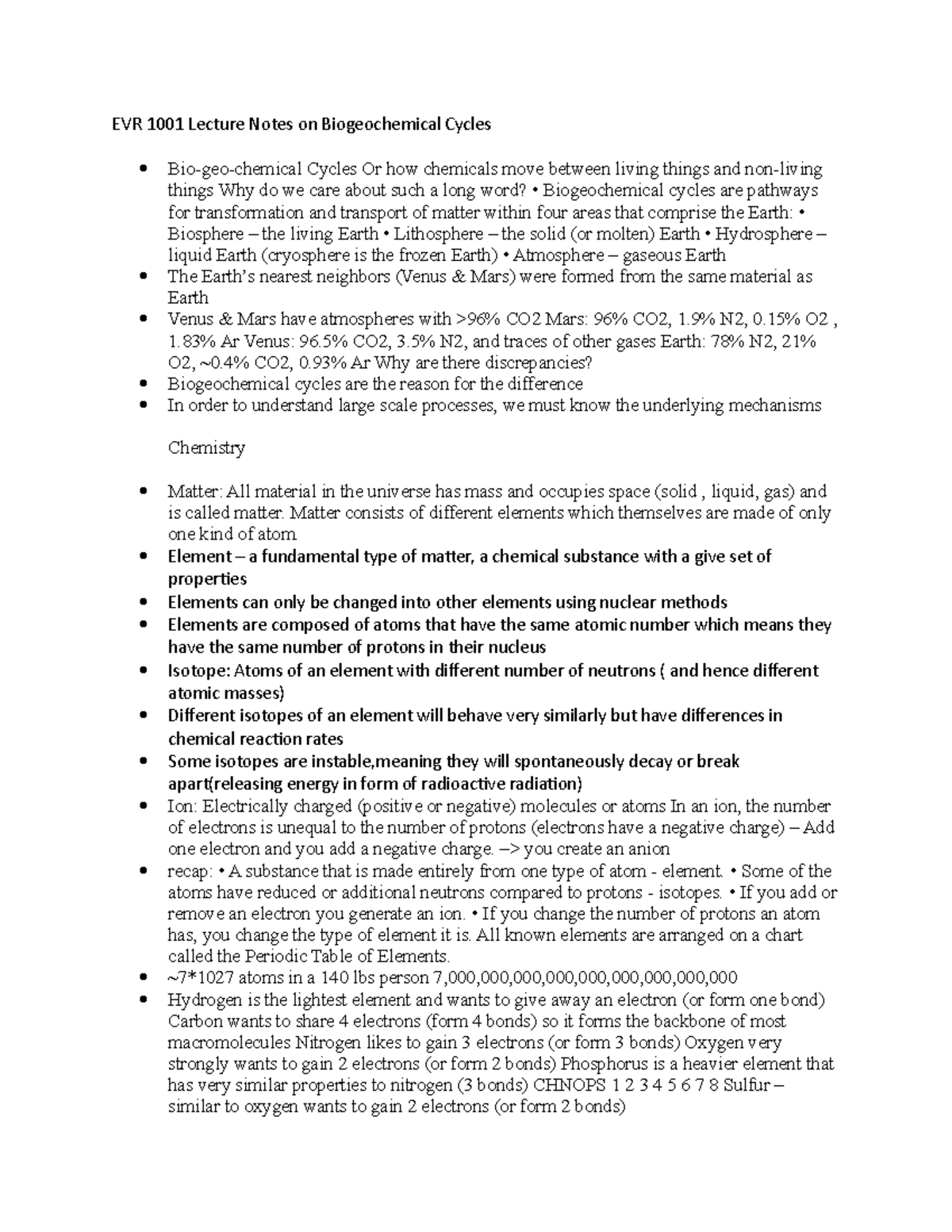 EVR 1001 Lecture Notes on Biogeochemical Cycles - Matter consists of ...