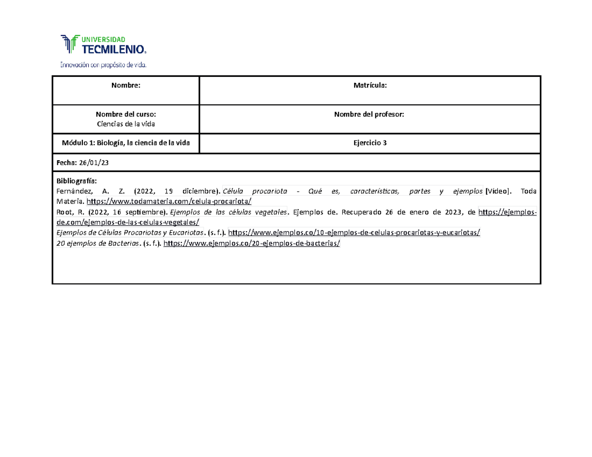 Actividad 3 Ciencias de la vida Char - Nombre: Matrícula: Nombre del ...