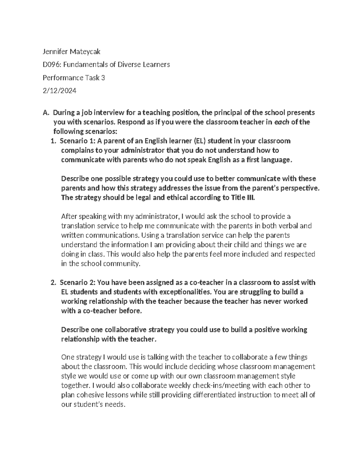 D096- Performance Assessment Task 3 Passed 1st attempt - Jennifer ...