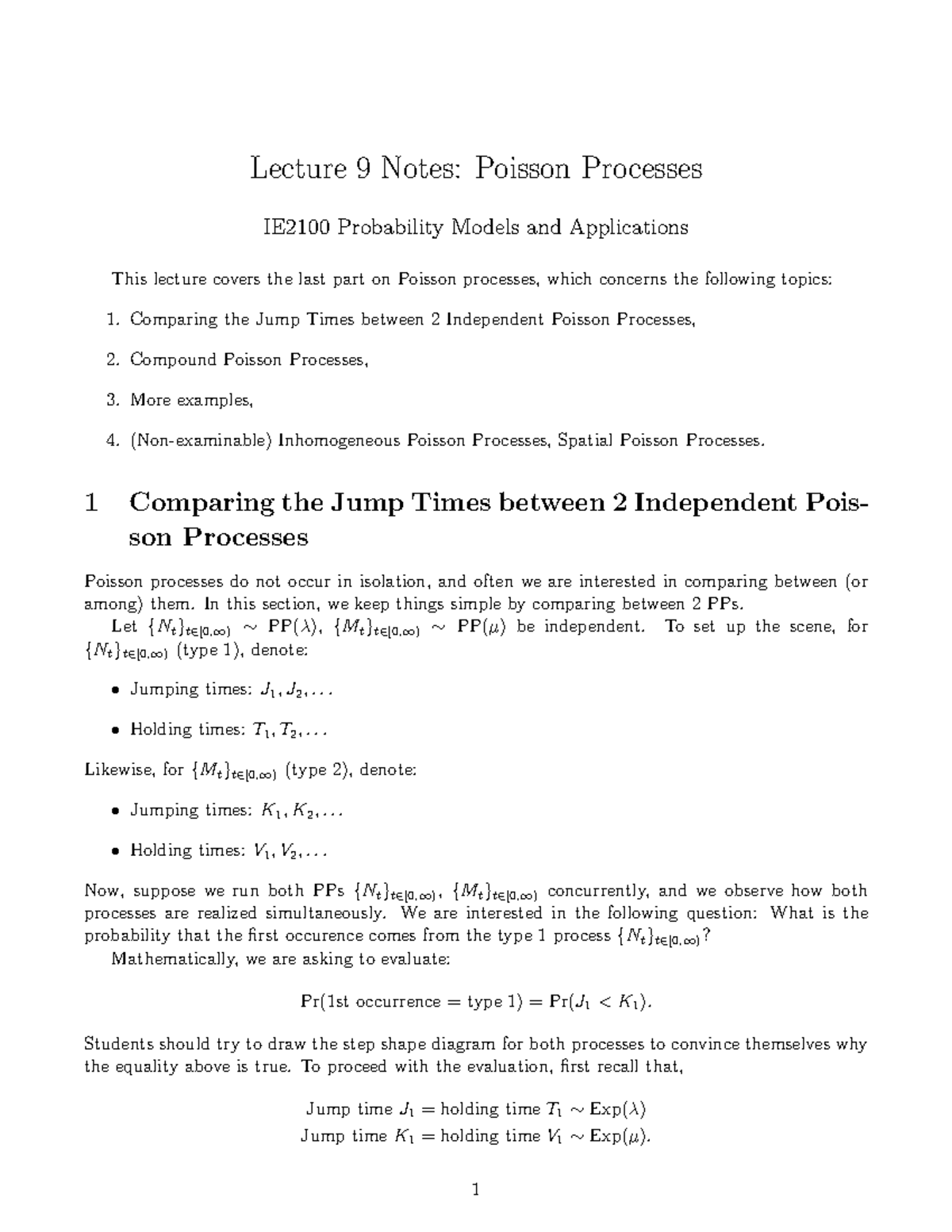 L9 notes - Lecture 9 Notes: Poisson Processes IE2100 Probability Models ...