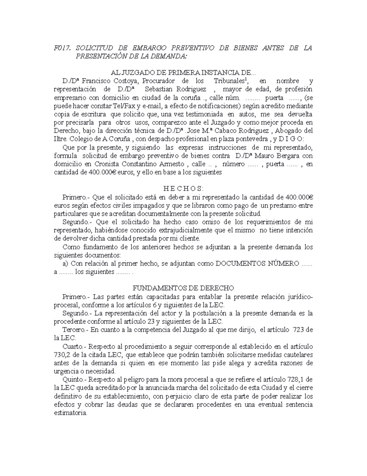 F017 - procesal civil practica - F017. SOLICITUD DE EMBARGO PREVENTIVO ...