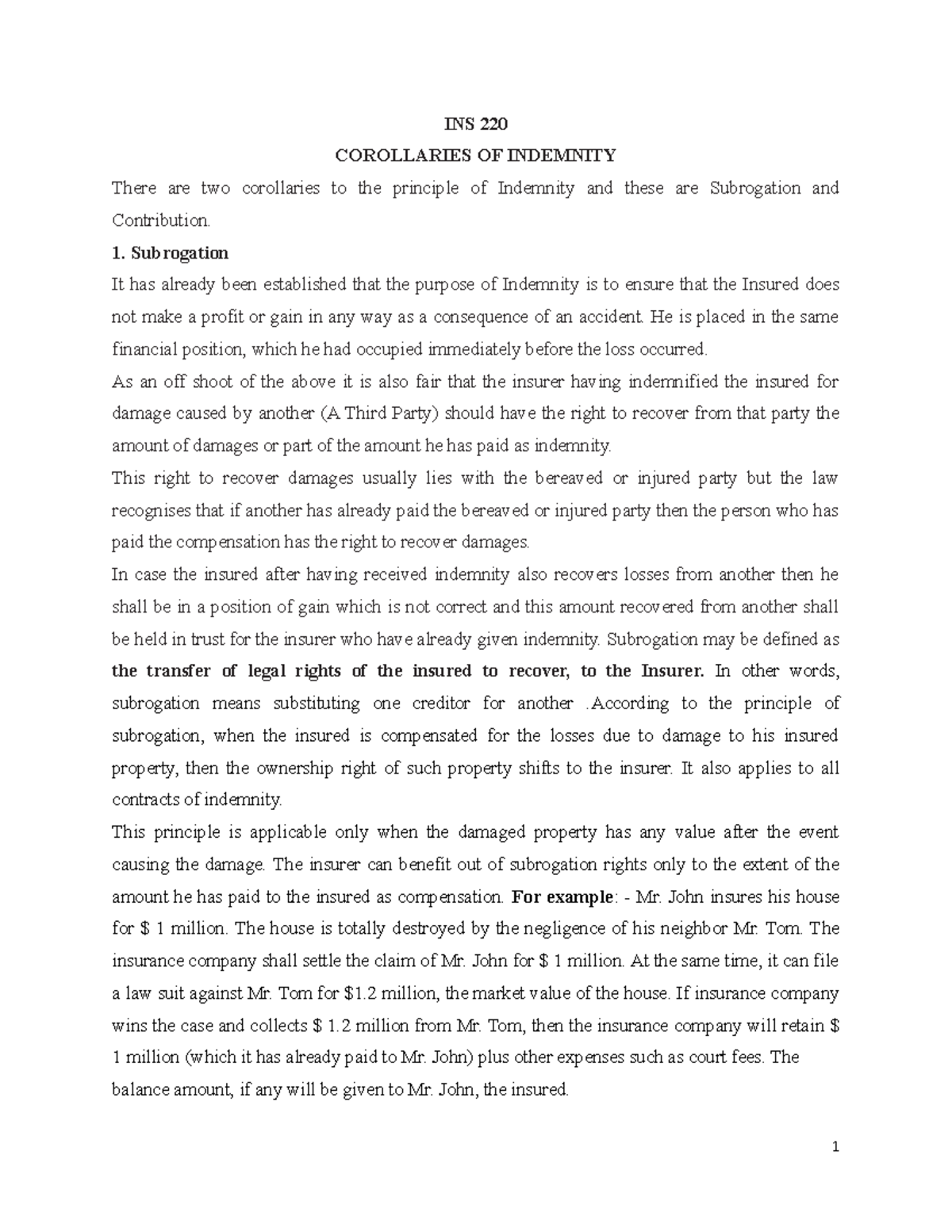 Contribution and Subrogation - INS 220 COROLLARIES OF INDEMNITY There ...