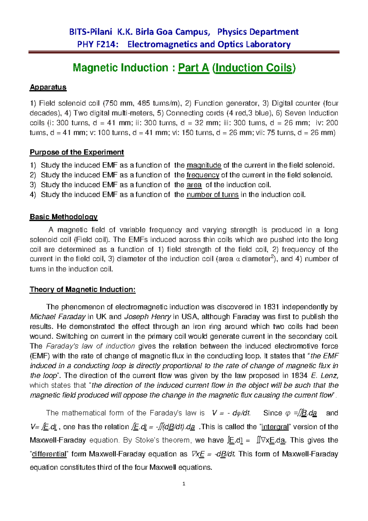 Lab Manual-Magnetic induction v.Aug.2023 - PHY F214: Electromagnetics and Optics Laboratory ...