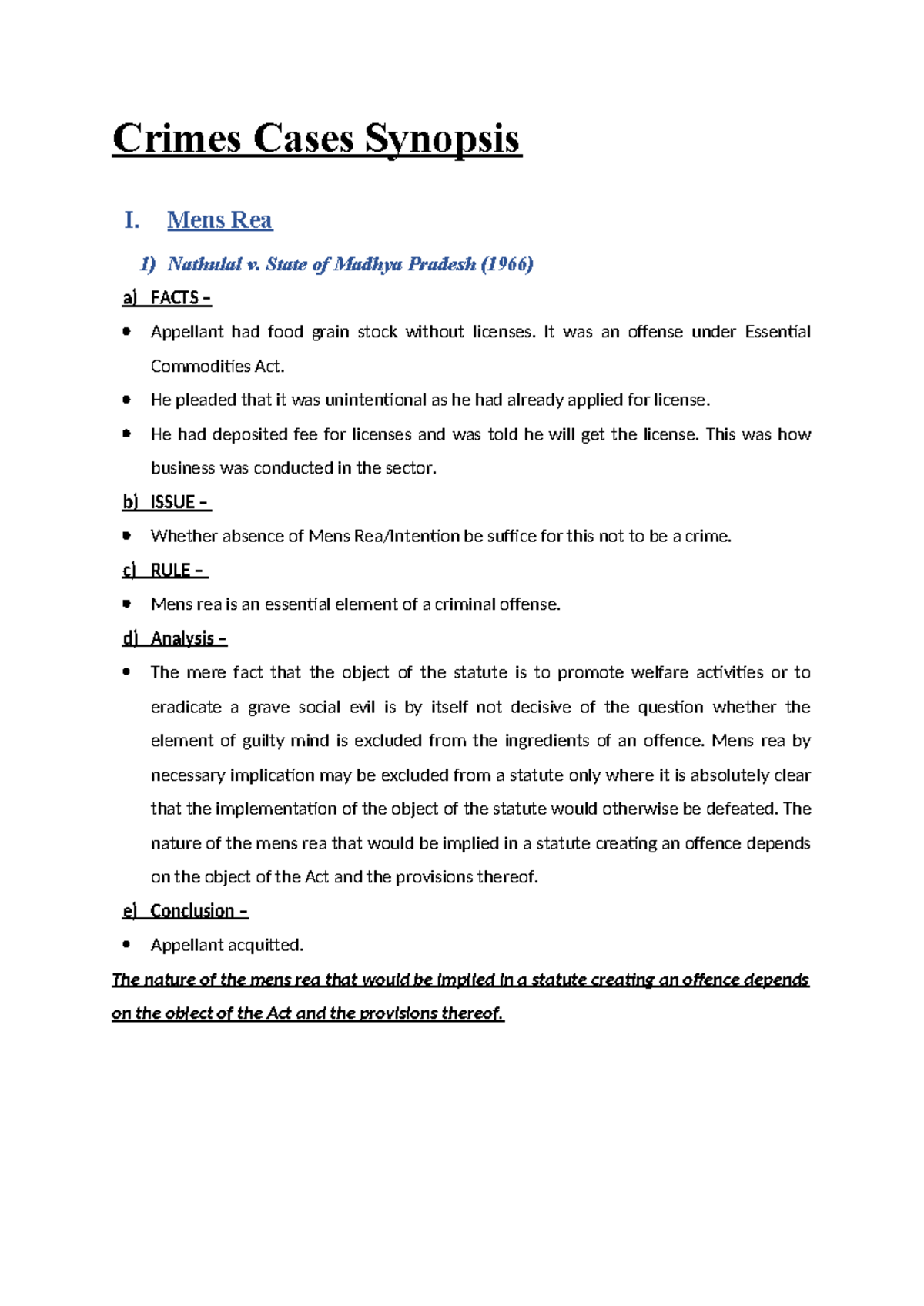 Crimes Cases Synopsis - Mens Rea 1) Nathulal v. State of Madhya Pradesh ...