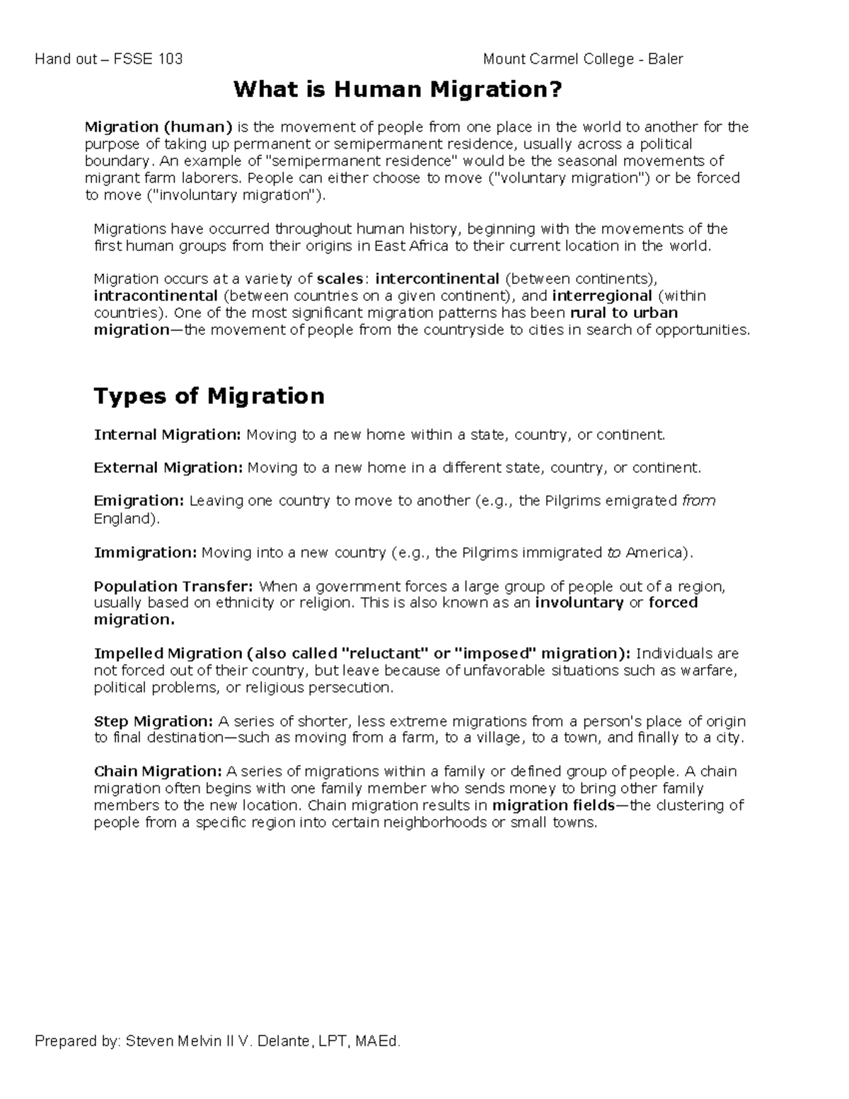 Chapter 2 Migration - Social studies - Hand out – FSSE 103 Mount Carmel ...