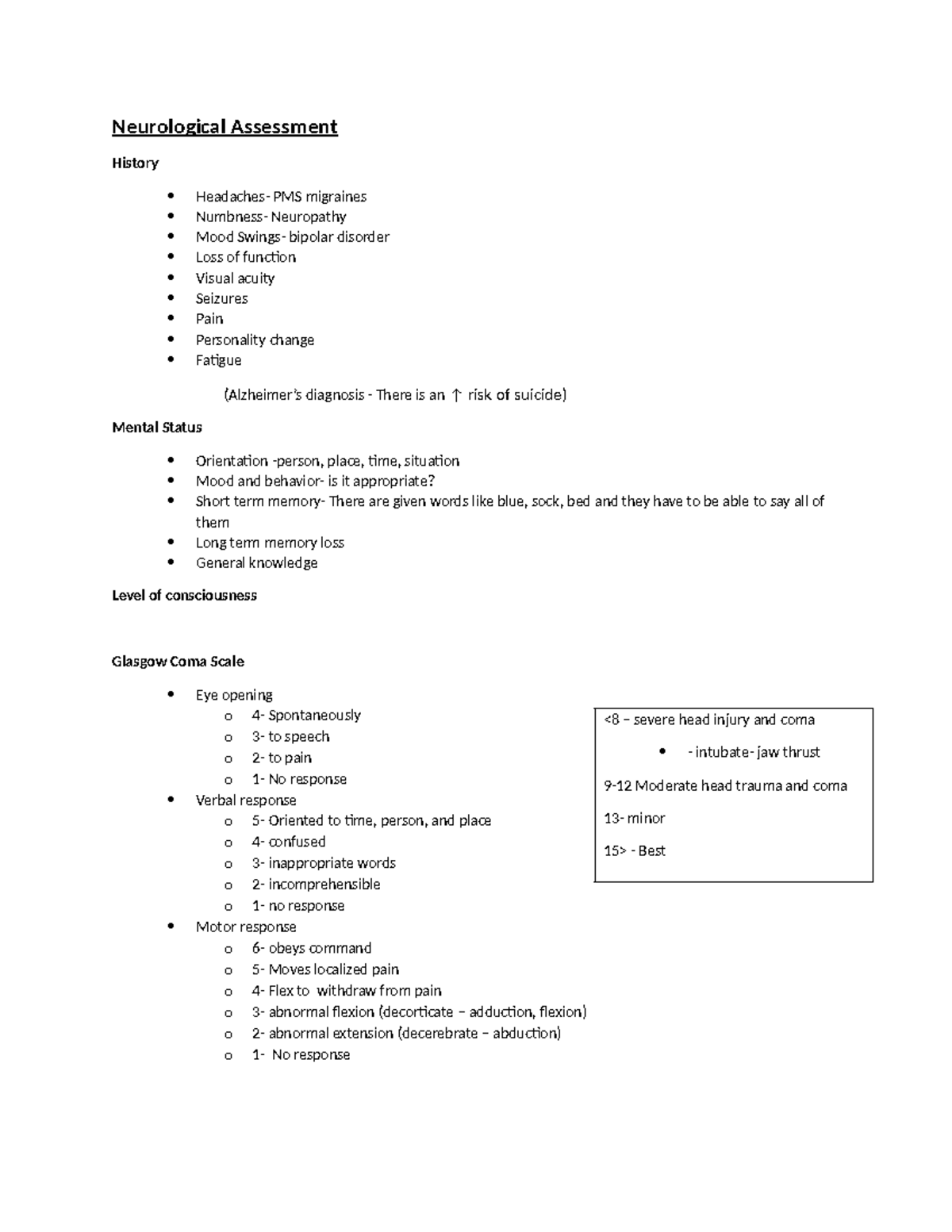 Neurological Assessment - Copy - Neurological Assessment History ...
