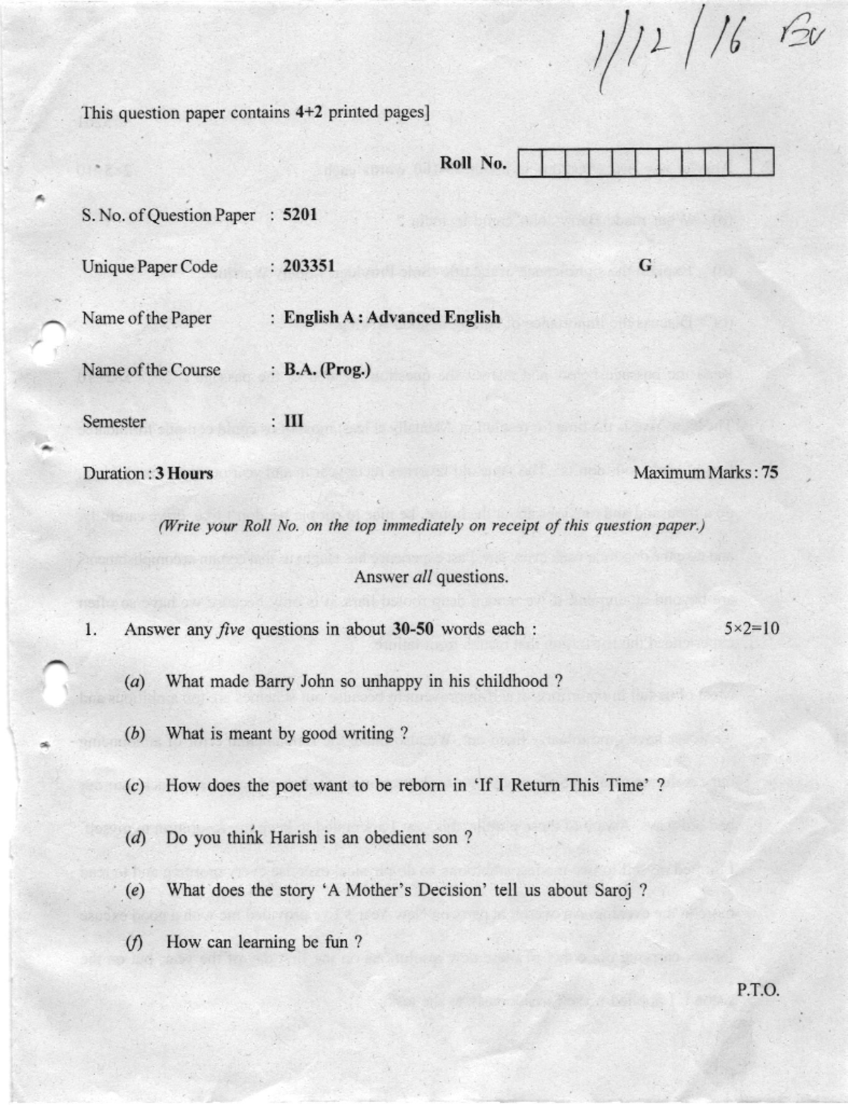 English A- Advanced English, Ba(Prog0,3 Sem - L G Maximum Marks: 75 5x2 ...