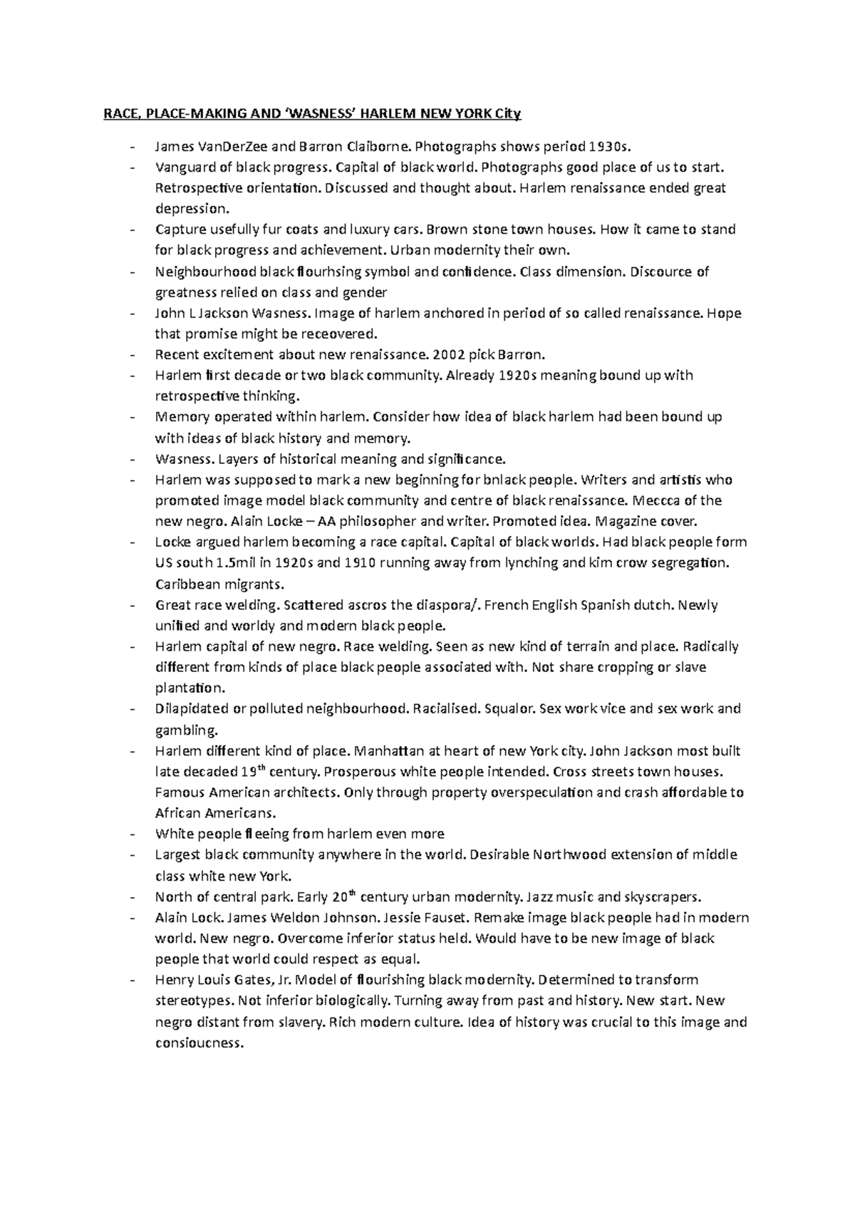 Actual Seminar and Lecture Notes on Harlem's History - RACE, PLACE ...