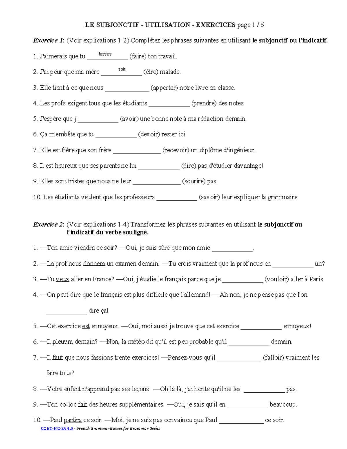 III4b Exercises subjunctive uses - Exercice 1 : (Voir explications 1-2 ...