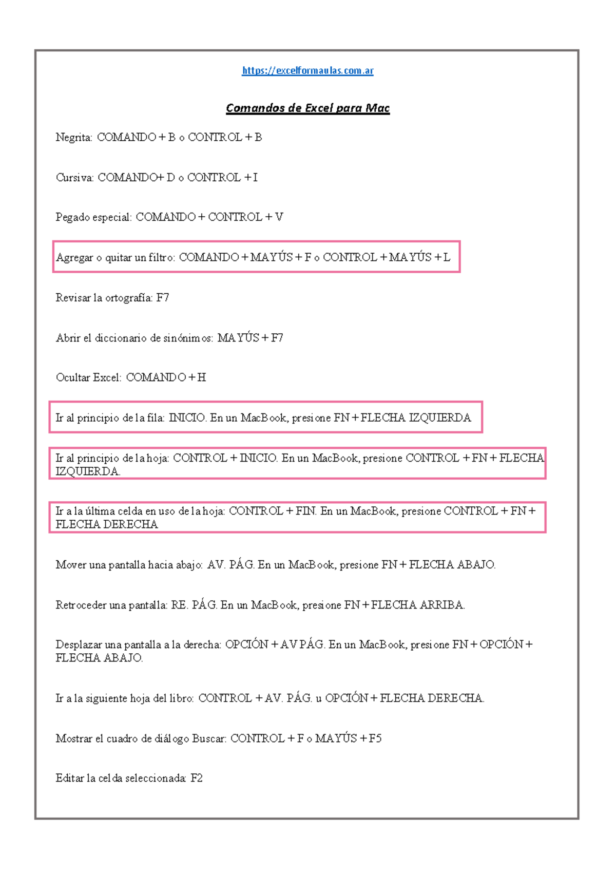 Comandos Mac pdf - excelformaulas.com Comandos de Excel para Mac Negrita: COMANDO + B o CONTROL ...