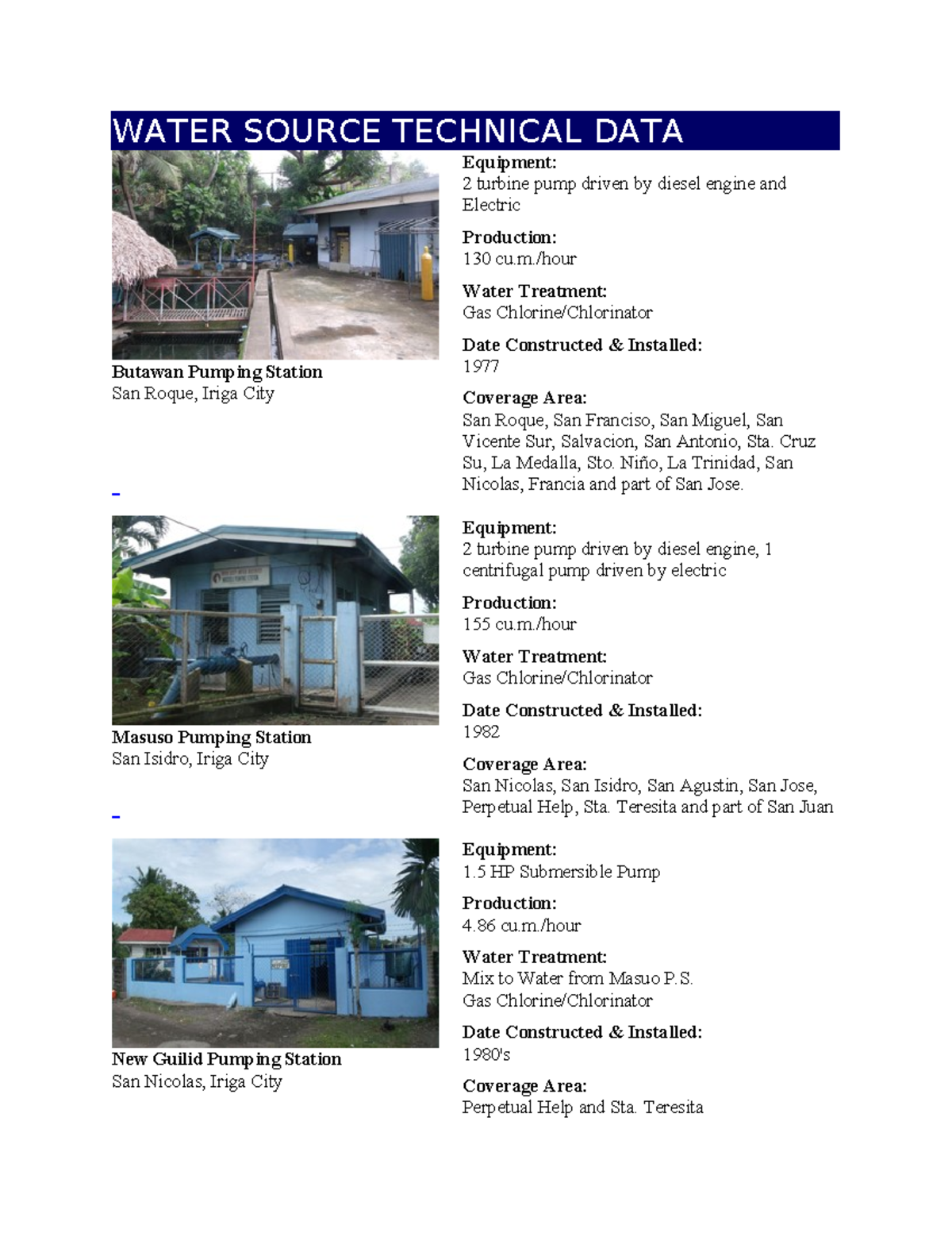 Water Source Technical DATA - WATER SOURCE TECHNICAL DATA Butawan Pumping Station San Roque ...