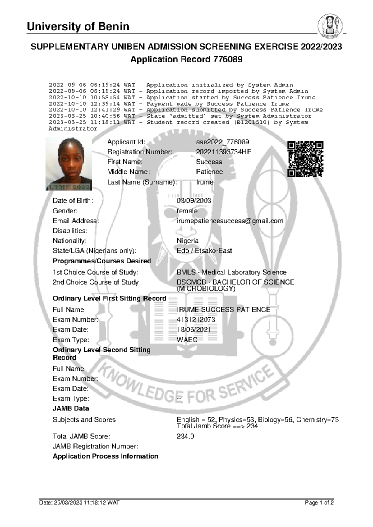 Application slip - Easy access - University of Benin SUPPLEMENTARY ...