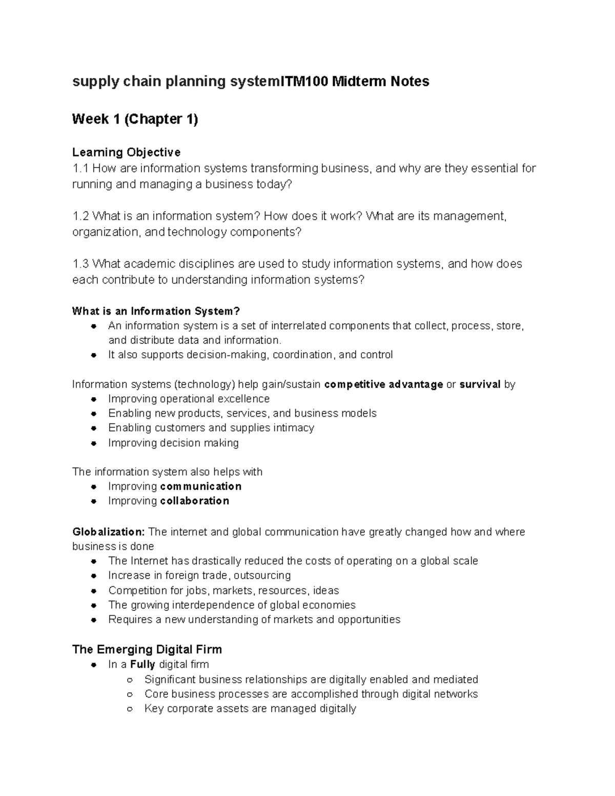 ITM100 Midterm Notes - supply chain planning systemITM100 Midterm Notes ...