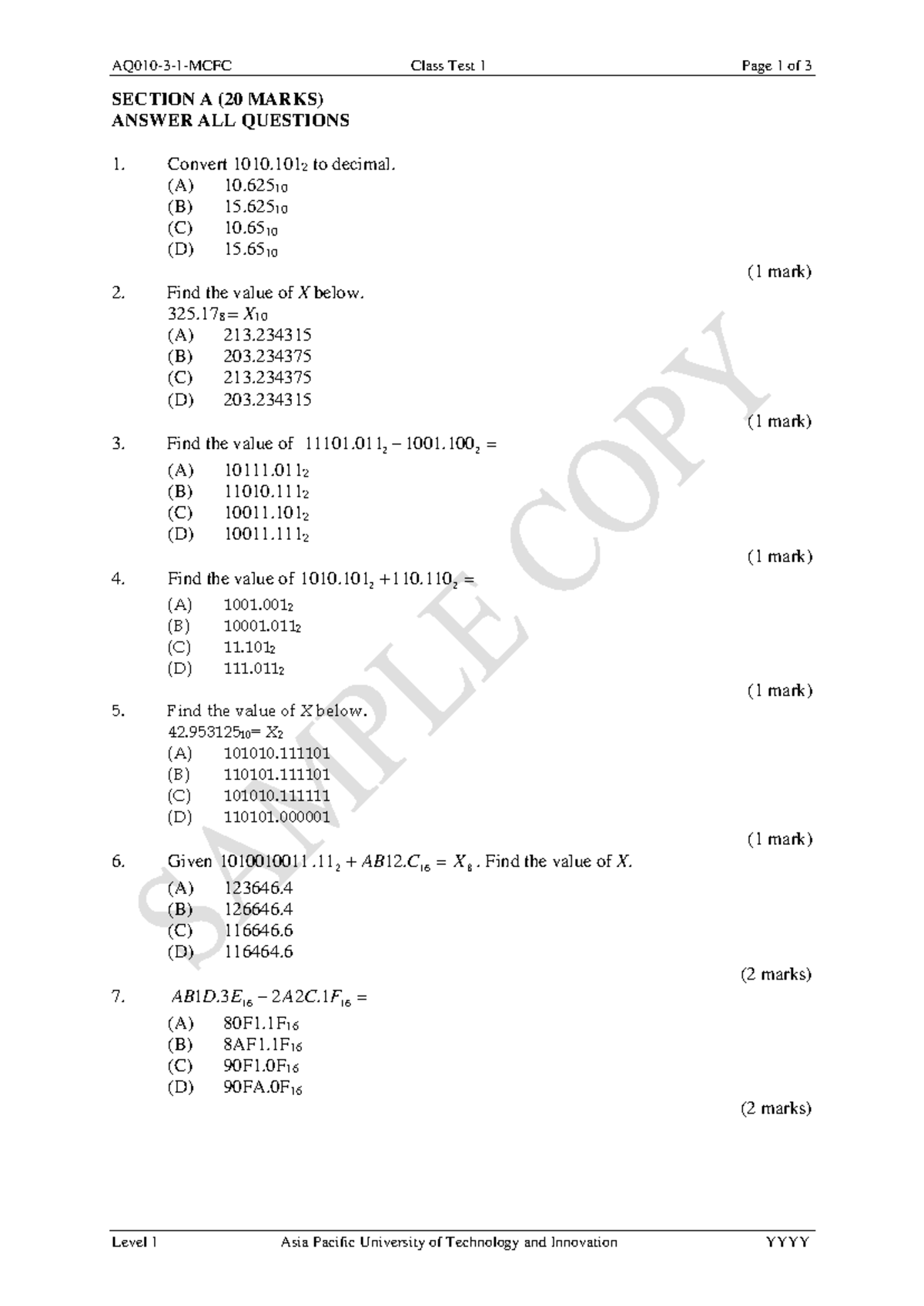 Sample Test 1(QP)-VE - AQ010- 3 - 1 - MCFC Class Test 1 Page 1 of 3 ...