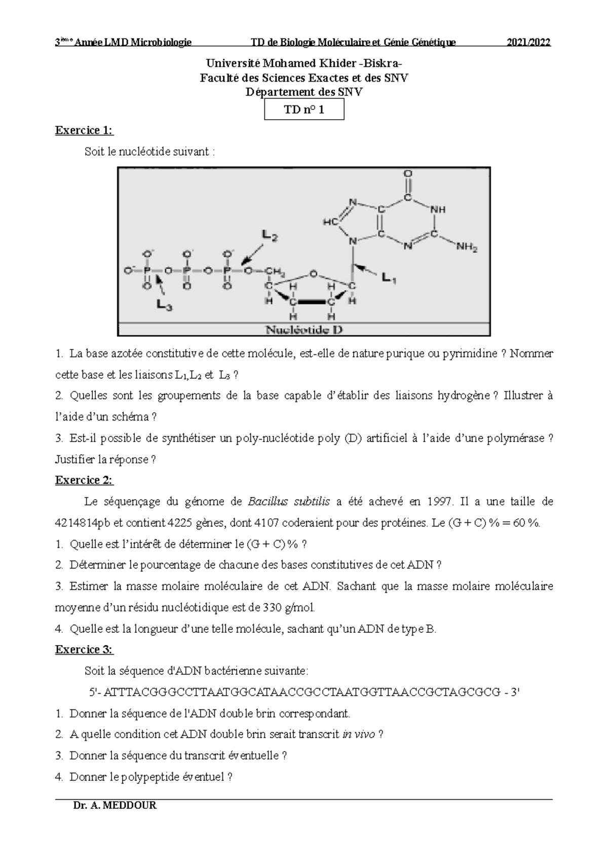 TD 1 BMGG - biologie moléculaire TD - 3 ième Année LMD Microbiologie TD ...
