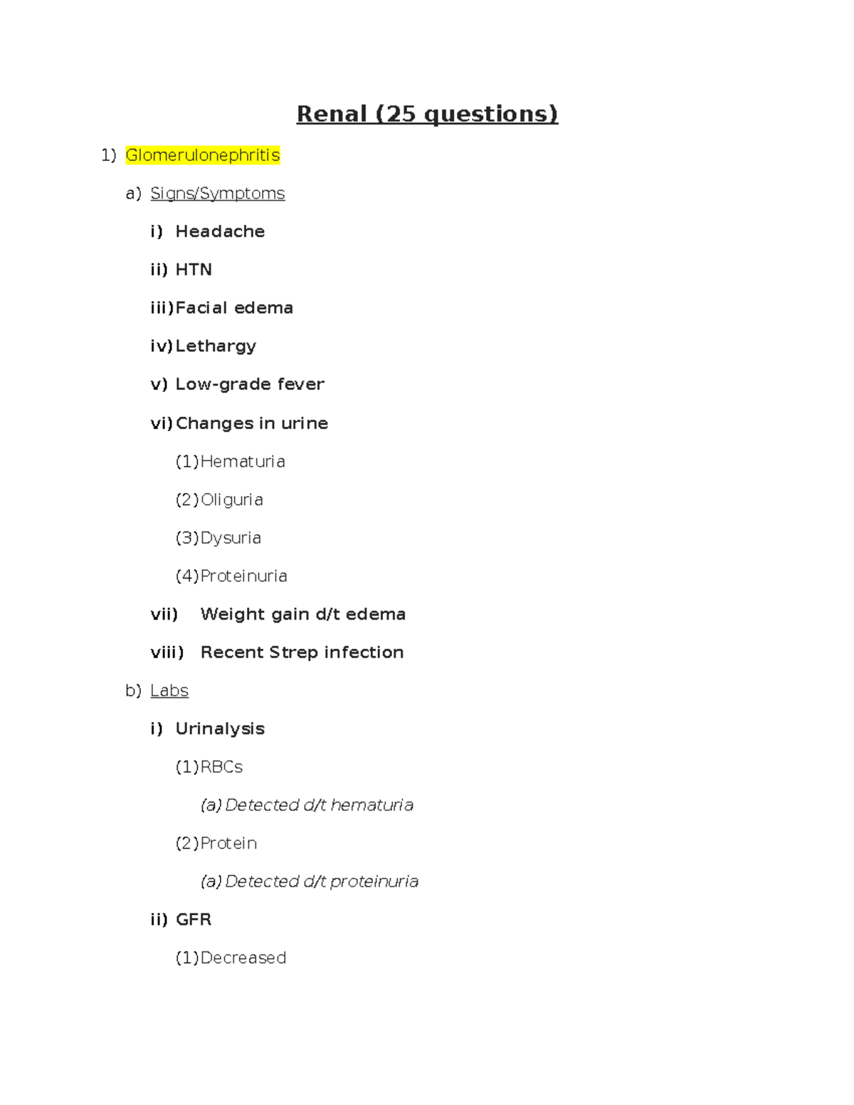 Adult Care Exam 3 Study Guide - Renal (25 questions) Glomerulonephritis ...