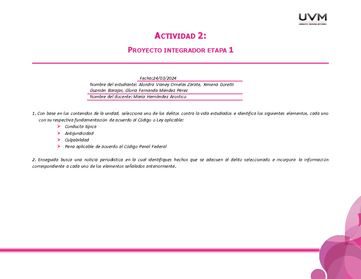ACTIVIDAD 2: PROYECTO INTEGRADOR ETAPA 1 - ACTIVIDAD 2 : PROYECTO INTEGRADOR ETAPA 1 Fecha: 24 / ...