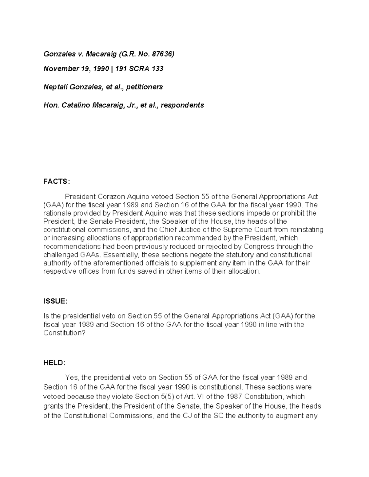 Gonzales v. Macaraig (G.R. No. 87636) - Gonzales v. Macaraig (G. No ...
