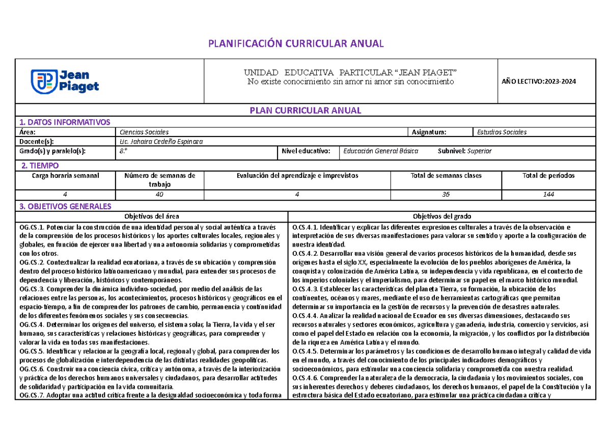 PLAN Curricular Anual DE Octavo 2023 - PLANIFICACIÓN CURRICULAR ANUAL ...