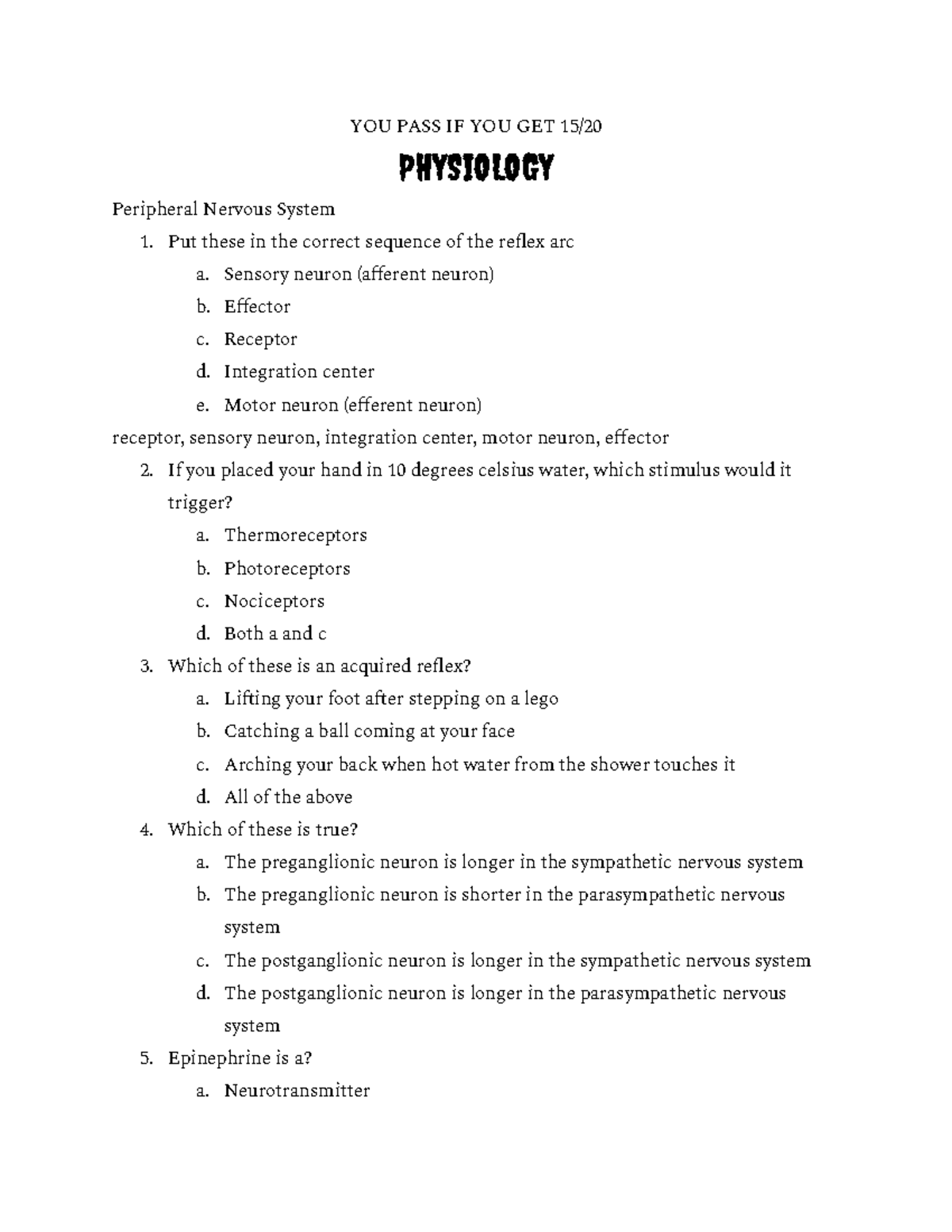 Physiology Quiz: Reflex Arc Muscles Heart Blood and Immune System - Studocu