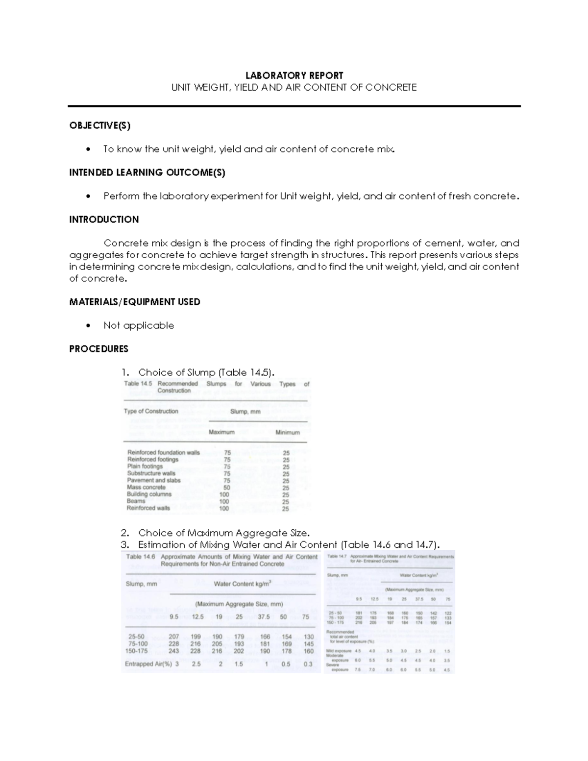 Lab Report Unit Weight, Yield and Air Content of - LABORATORY REPORT ...