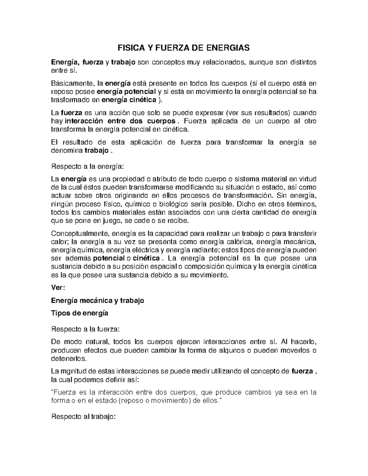 Fisica Y Fuerza DE Energias - FISICA Y FUERZA DE ENERGIAS Energía ...