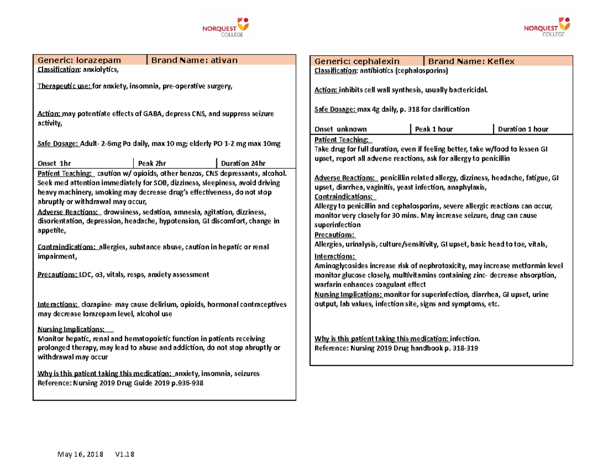 Nursing Medication Cards - May 16, 2018 V1. Generic: lorazepam Brand ...