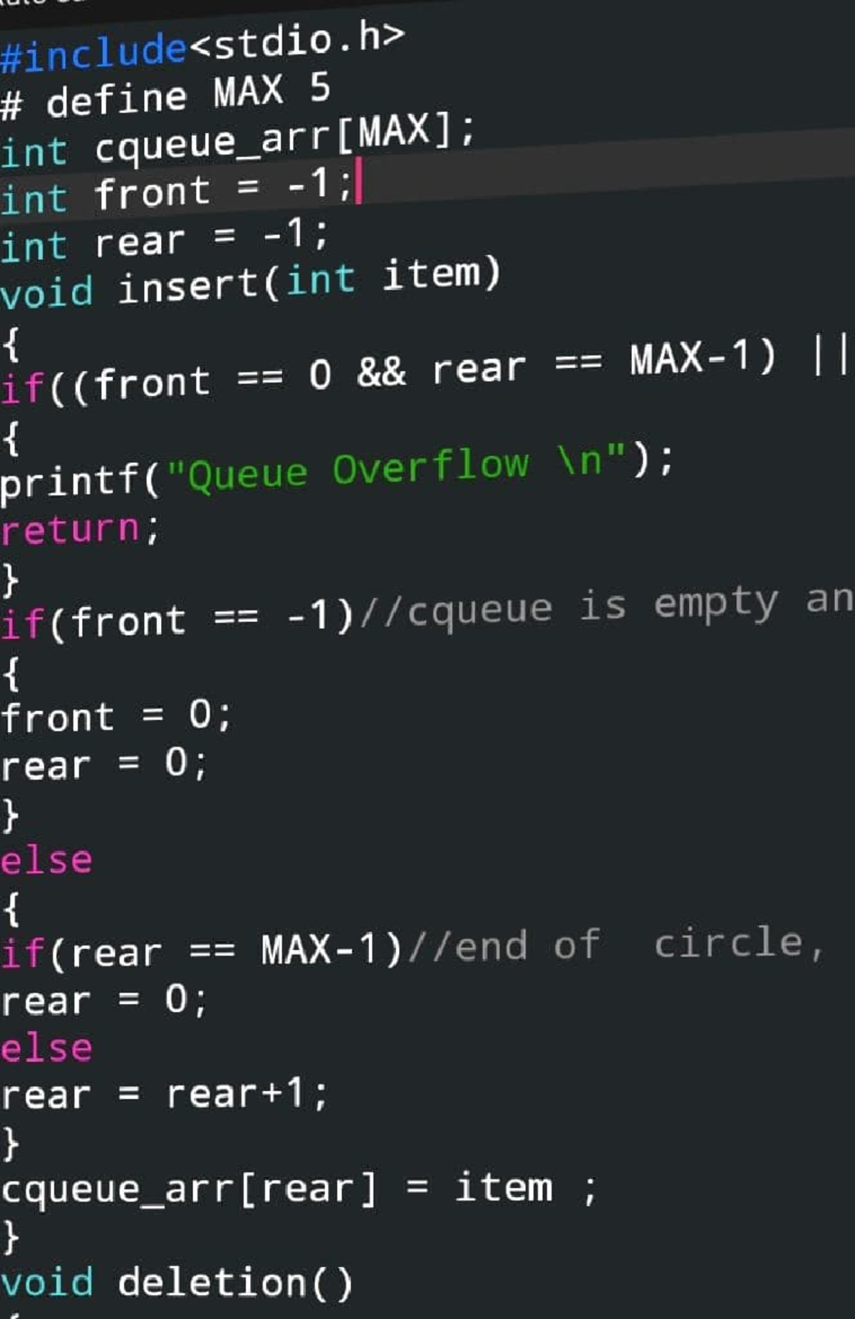 53 cqueue prg - Nothing - #include define MAX 5 int cqueue_arr [MAX]; int front = - Studocu